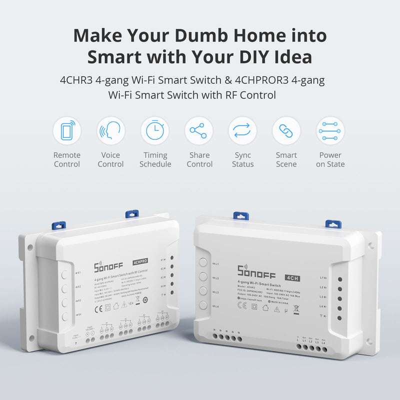 SONOFF 4CHR3 & 4CHPROR3 4-gang Wi-Fi Smart Switch with RF Control